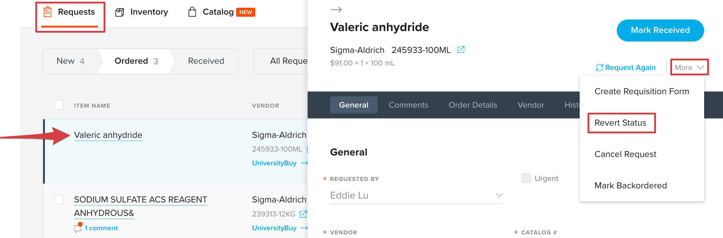 Revert the status of a request – Quartzy Support