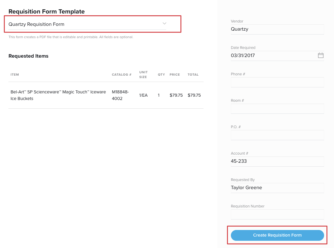 Generate a Requisition/PO Form from the Cart – Quartzy Support