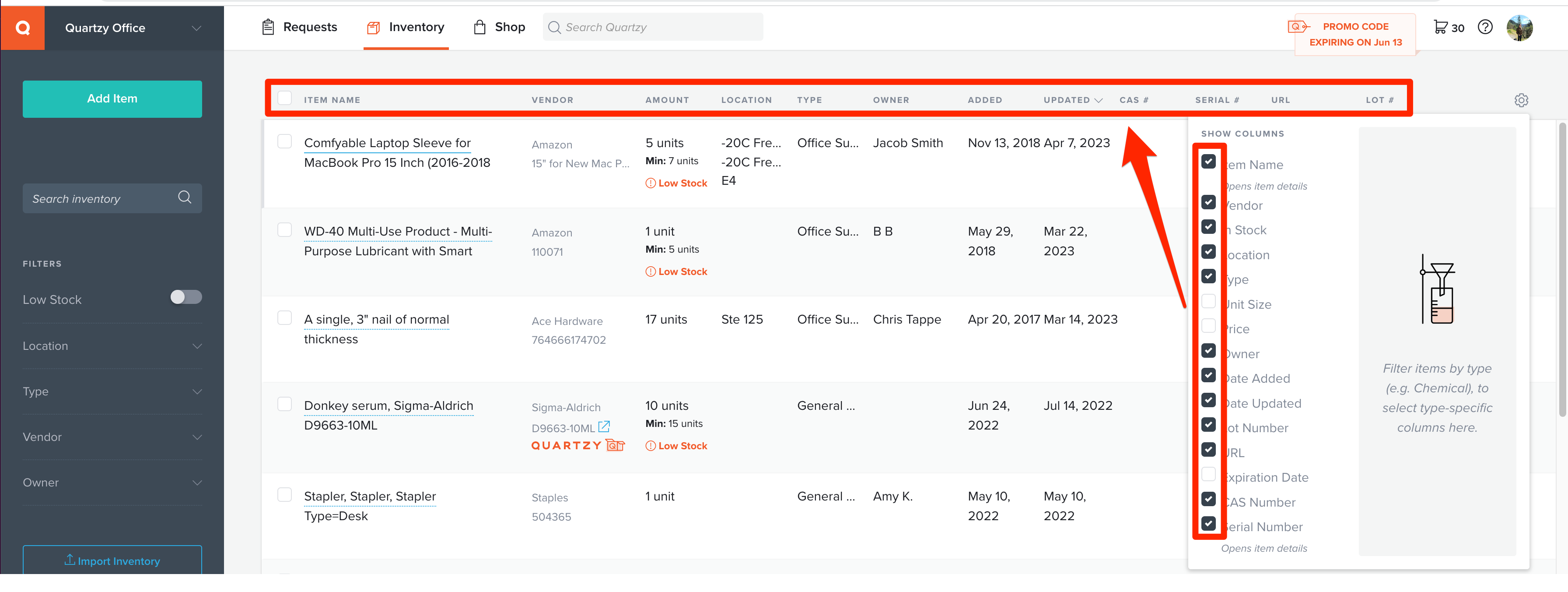 Customize the columns displayed in the Inventory – Quartzy Support
