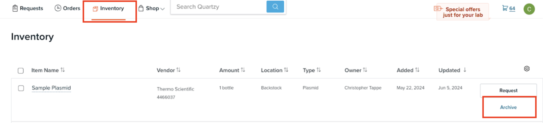 Inventory Archiving – Quartzy Support