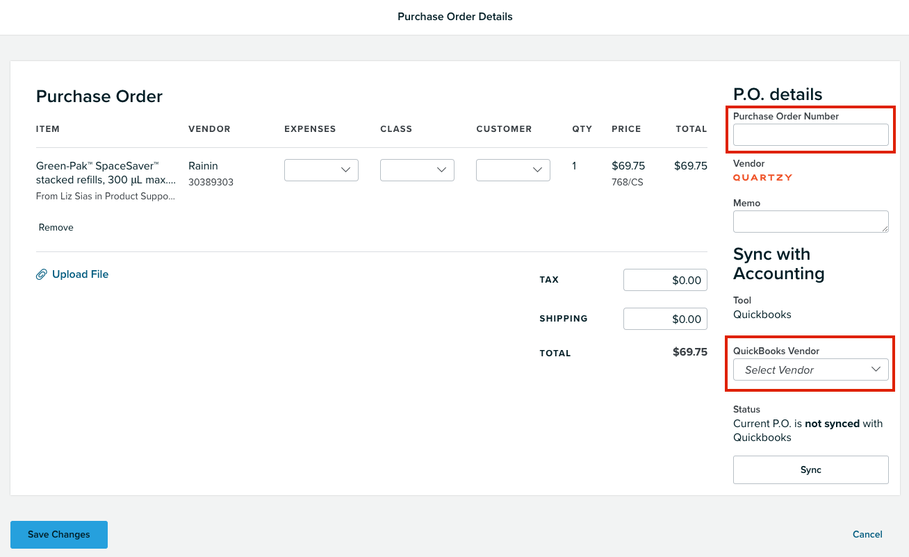 How to sync a PO from Quartzy to QuickBooks Online – Quartzy Support