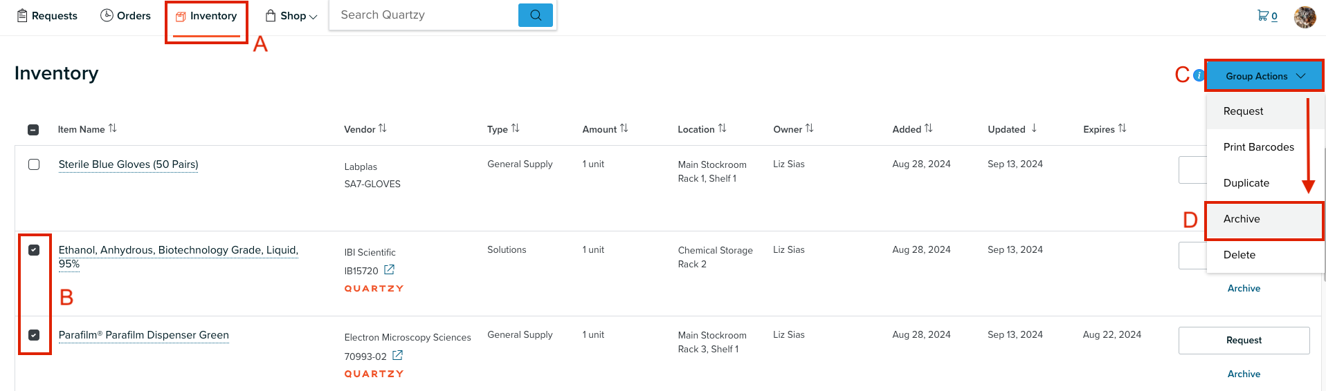 Inventory Archiving – Quartzy Support