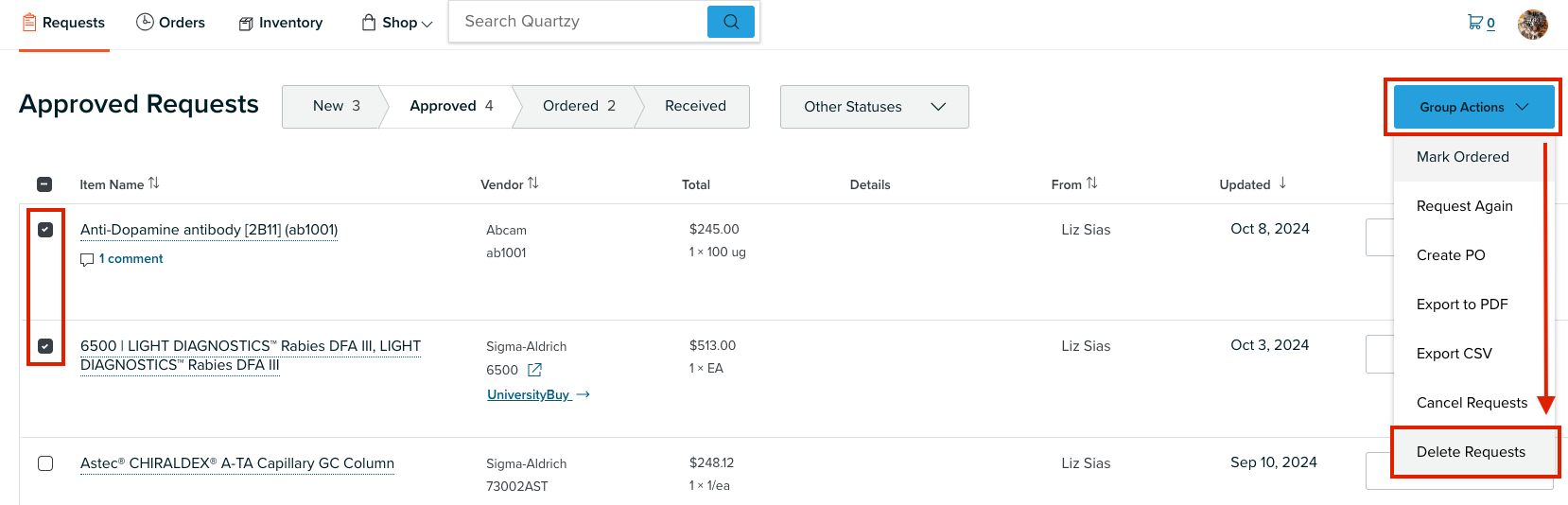 Delete requests – Quartzy Support
