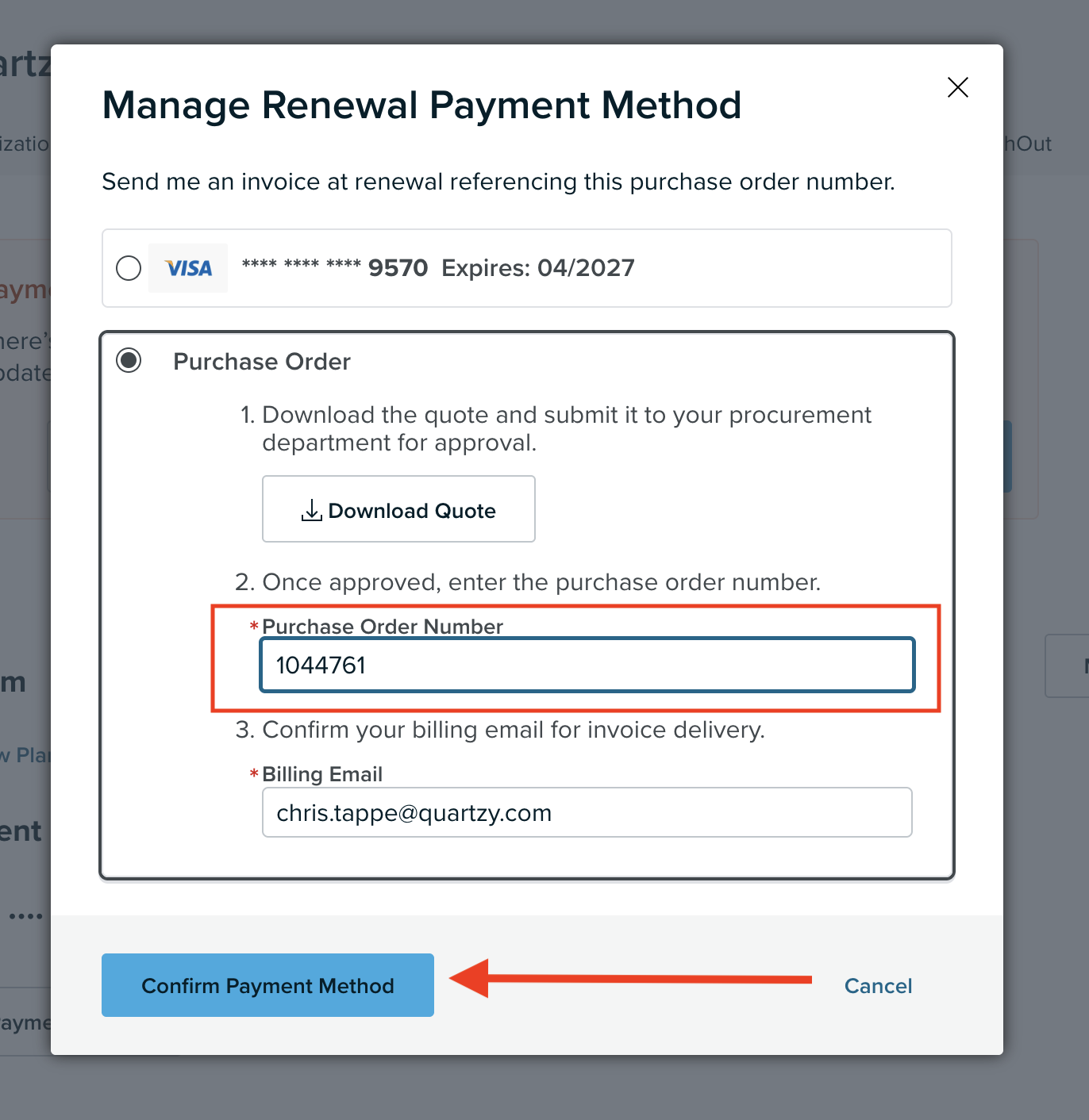 Generate a Quote and Update Payment Information for Your Subscription Renewal – Quartzy Support