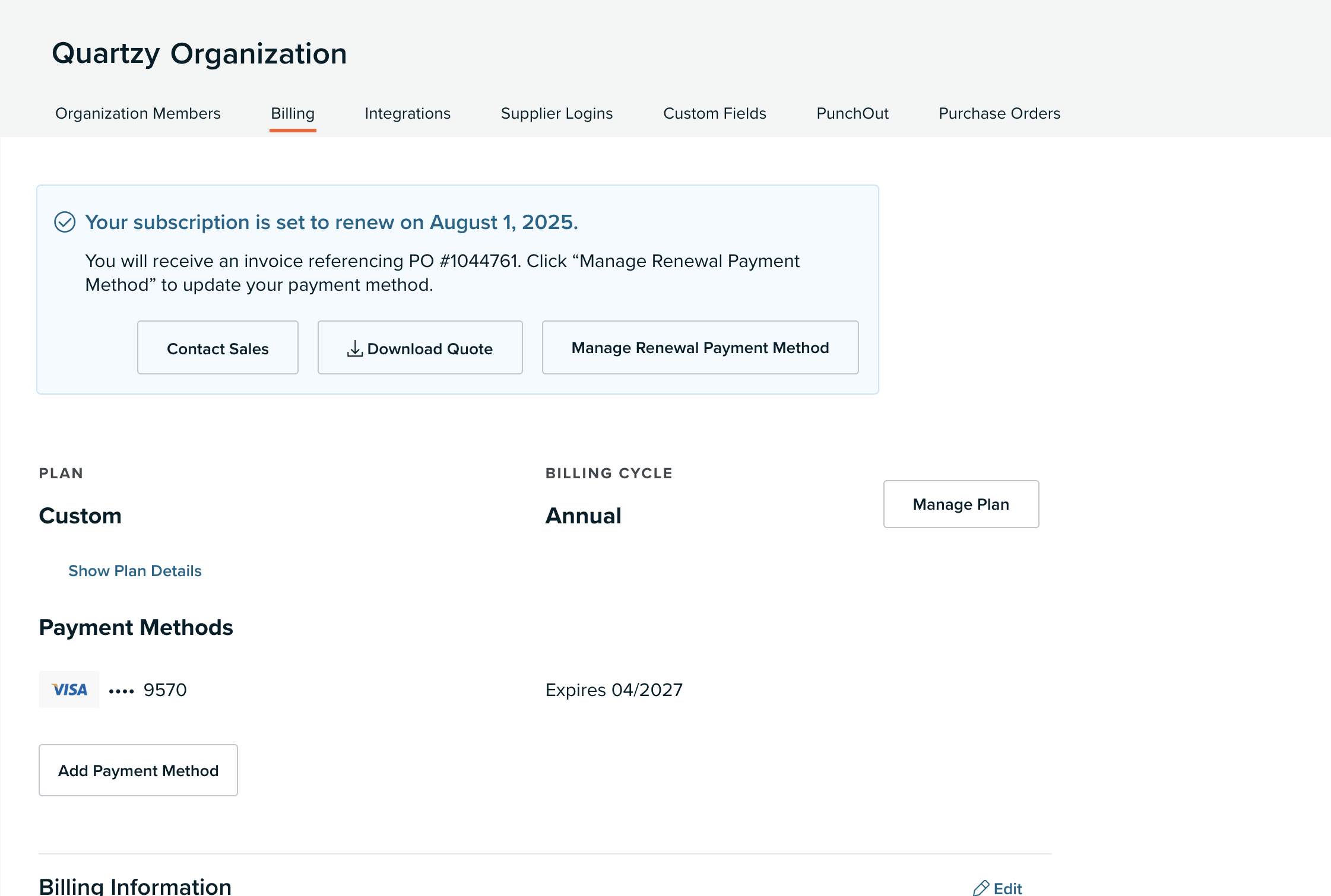 Generate a Quote and Update Payment Information for Your Subscription Renewal – Quartzy Support