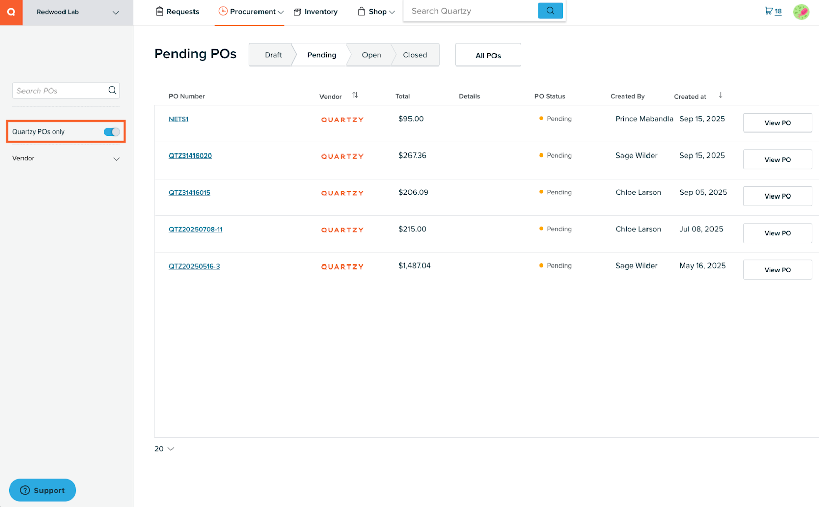 Quartzy Purchase Orders Module – Quartzy Support